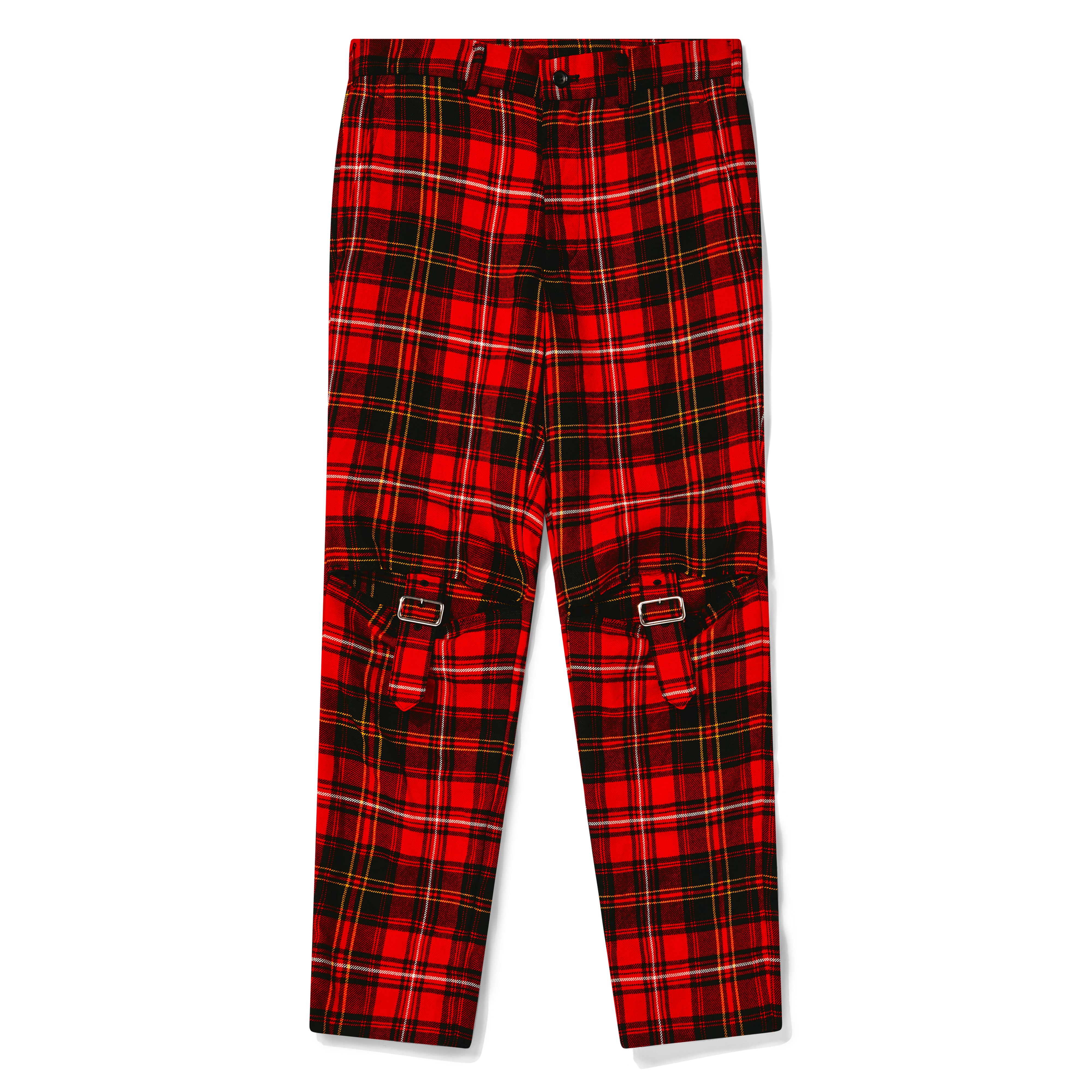 BLACK Comme des Garçons: Buckled Knee Pants (Red/Black) | DSMS E-SHOP