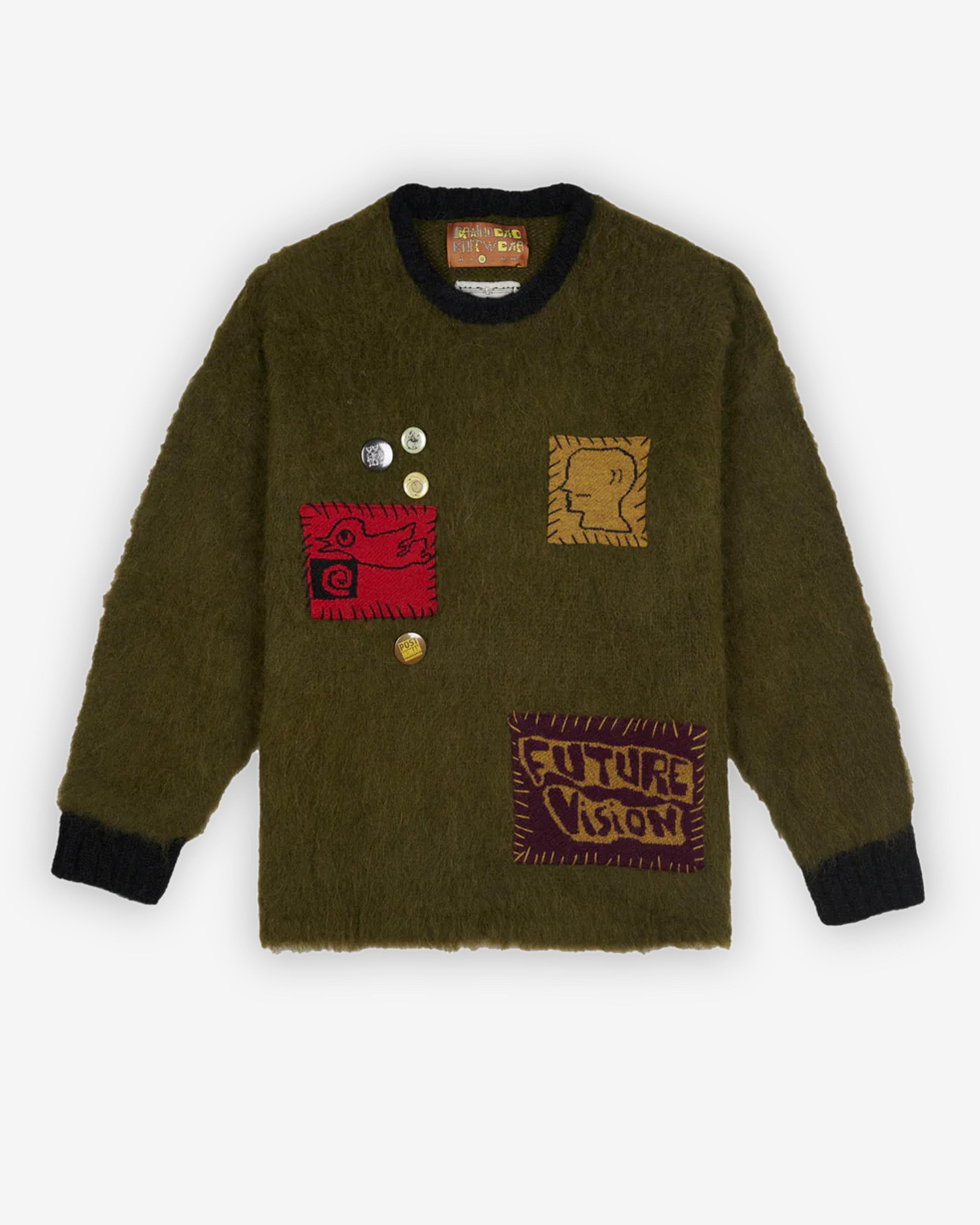 BRAIN DEAD: Men's Future Vision Boxy Knit Sweater (Olive) | DSMS E-SHOP