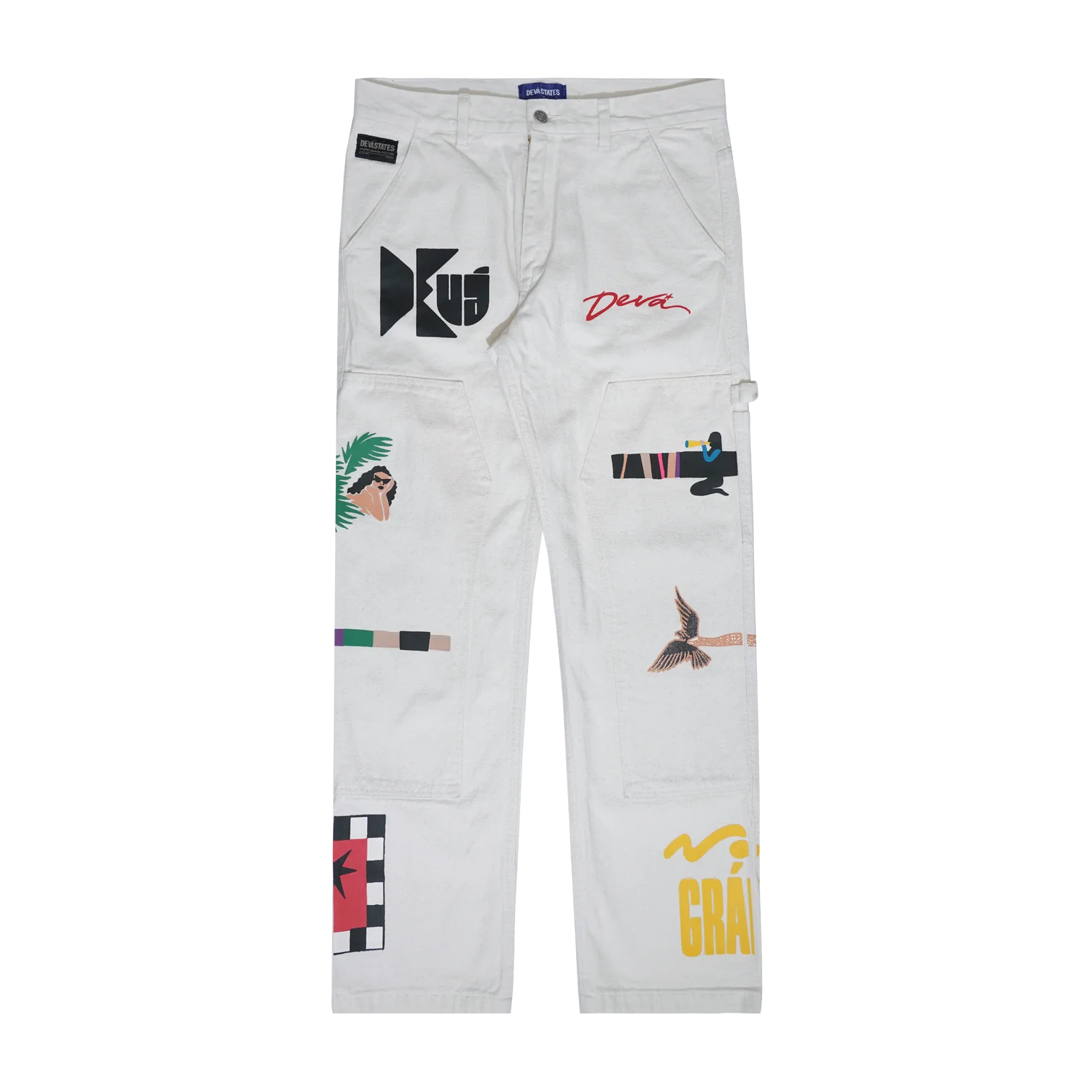 DEVÃ STATES: PALMERA Double Knee Printed Pants (White) | DSMS E-SHOP